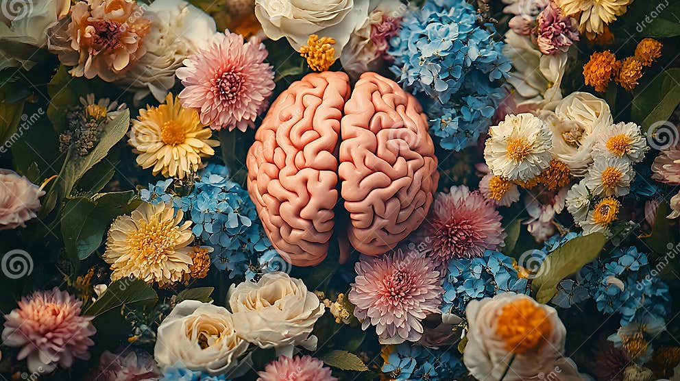 Brain Surrounded by Blooming Flowers in Vibrant Display Stock ...