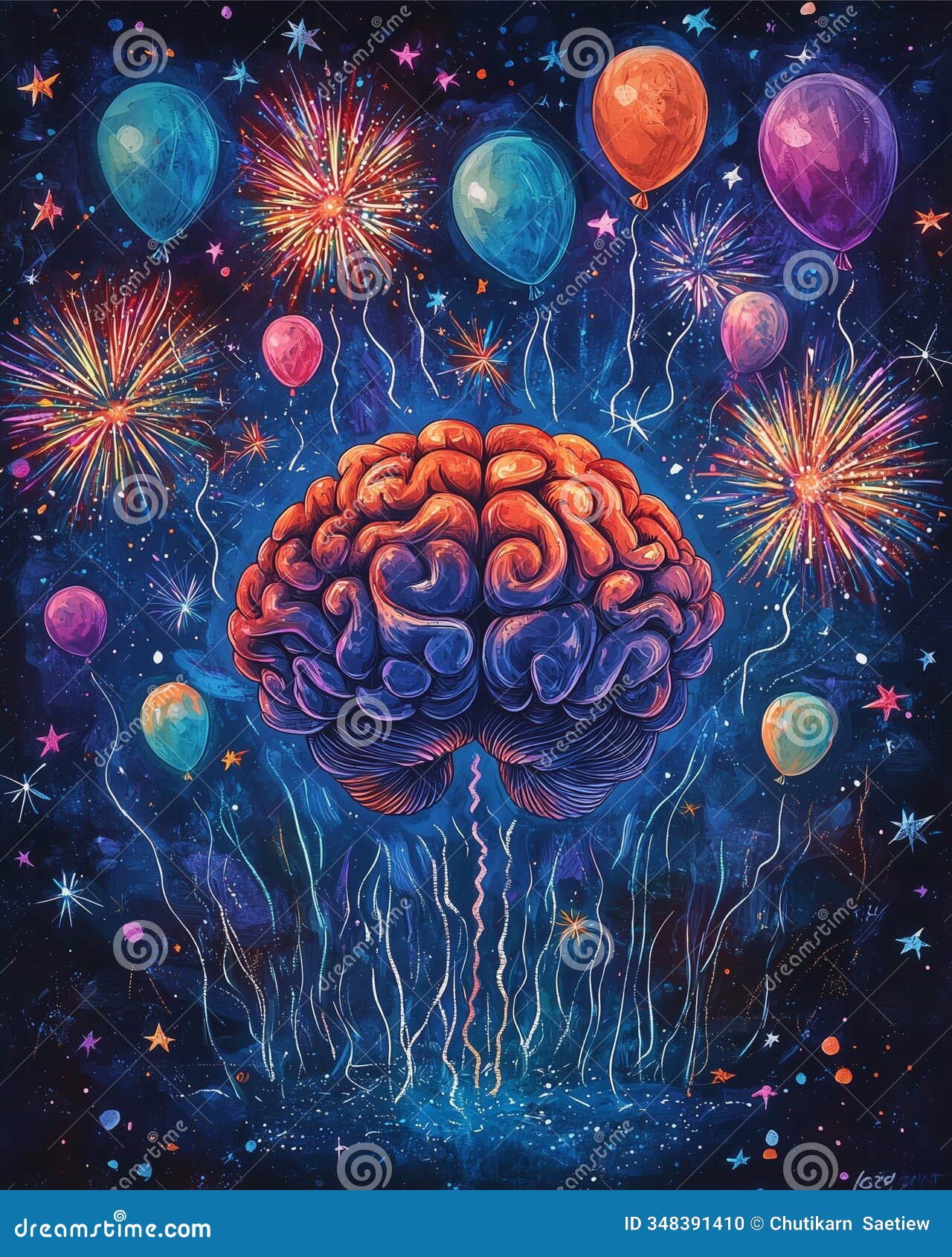 A Brain Surrounded by Fireworks and Balloons, AI Generated Stock ...