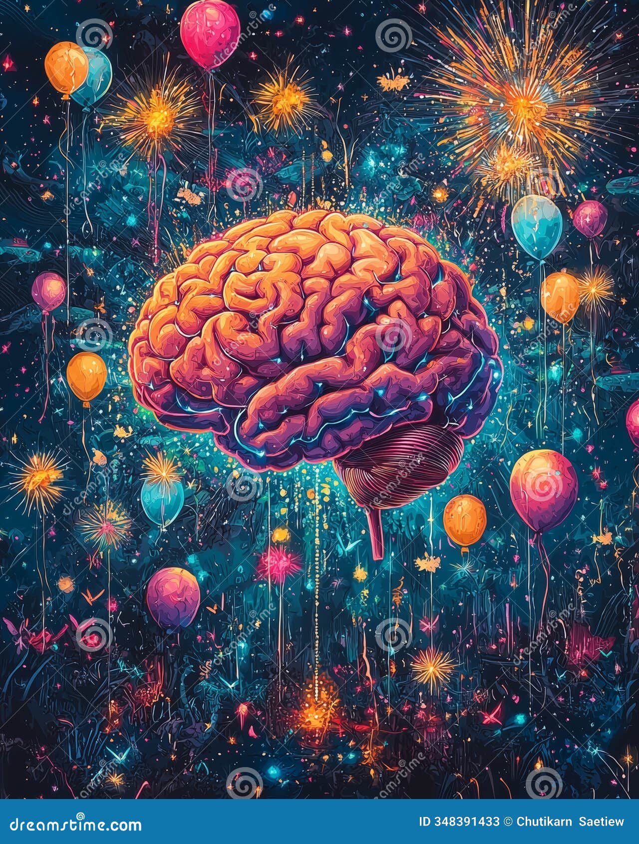A Brain Surrounded by Fireworks and Balloons, AI Generated Stock ...