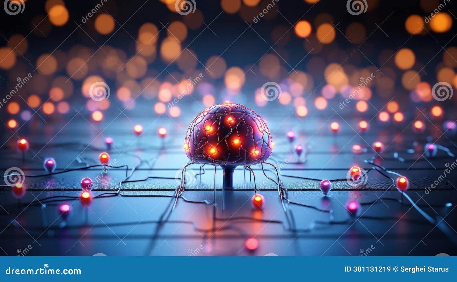 A Brain Surrounded by Lights on a Grid of Tiles, AI Stock Illustration ...