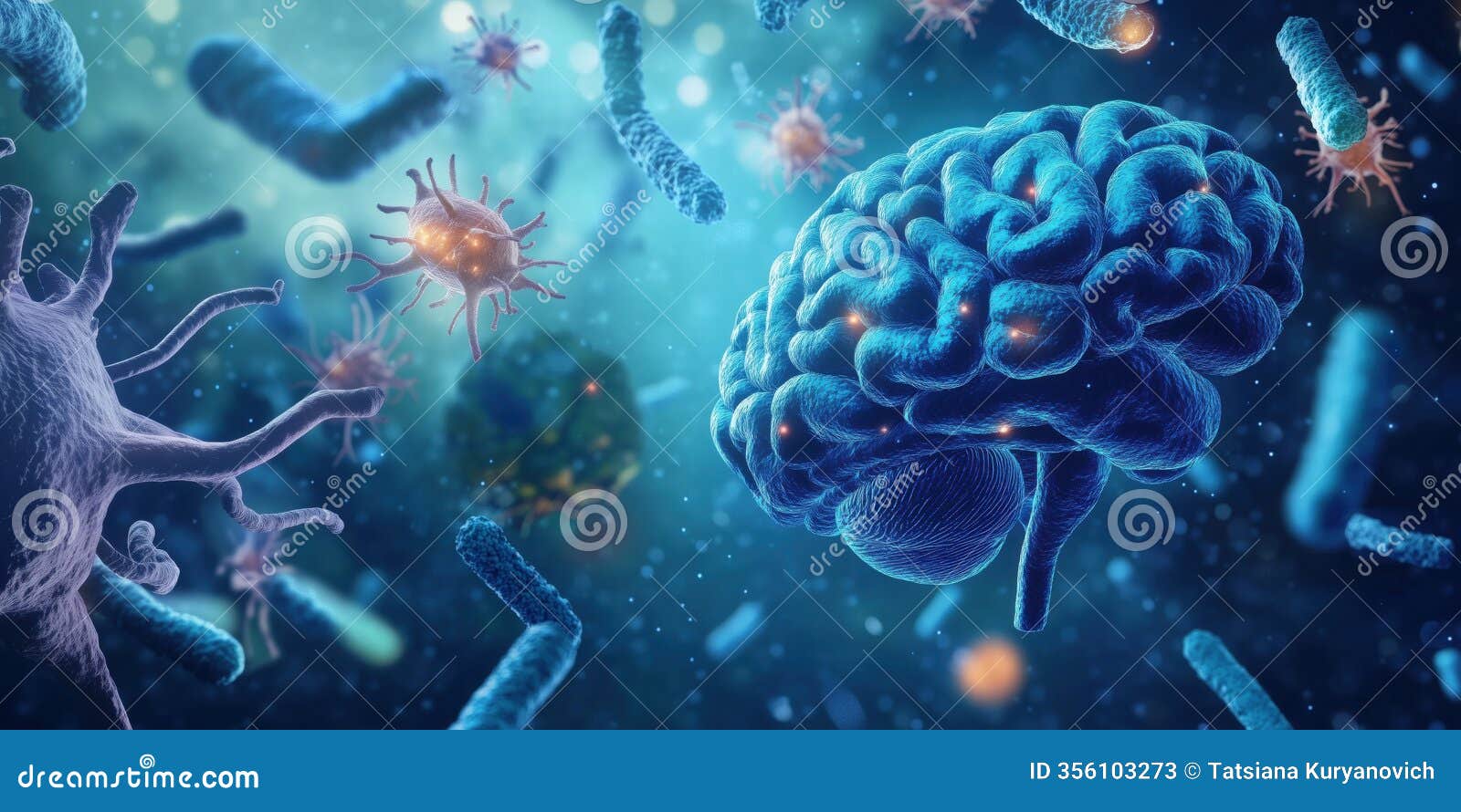 Brain Surrounded by Microorganisms, Bacteria, Viruses, and Cells ...