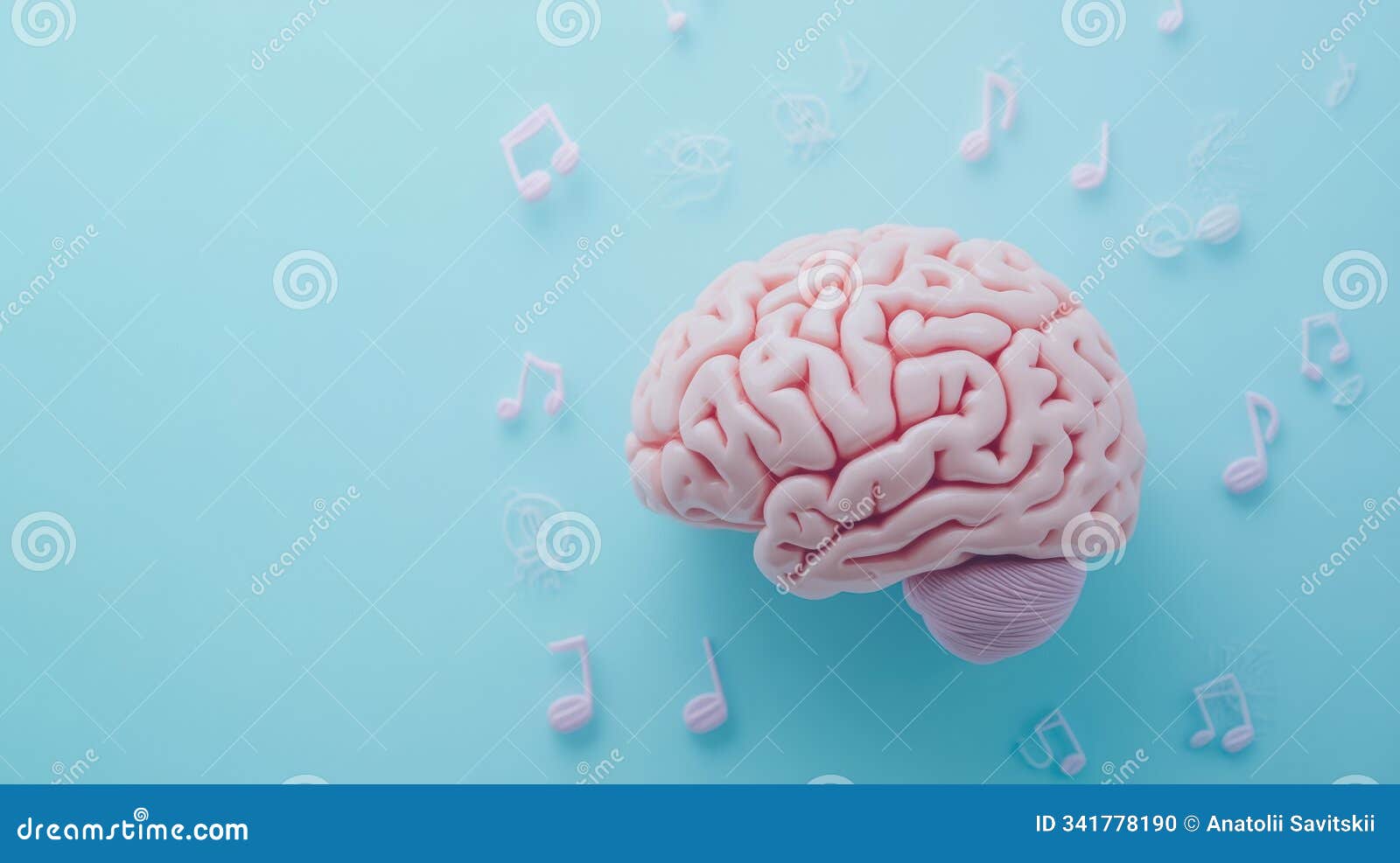 A Brain Surrounded by Musical Notes on a Pastel Blue Background ...