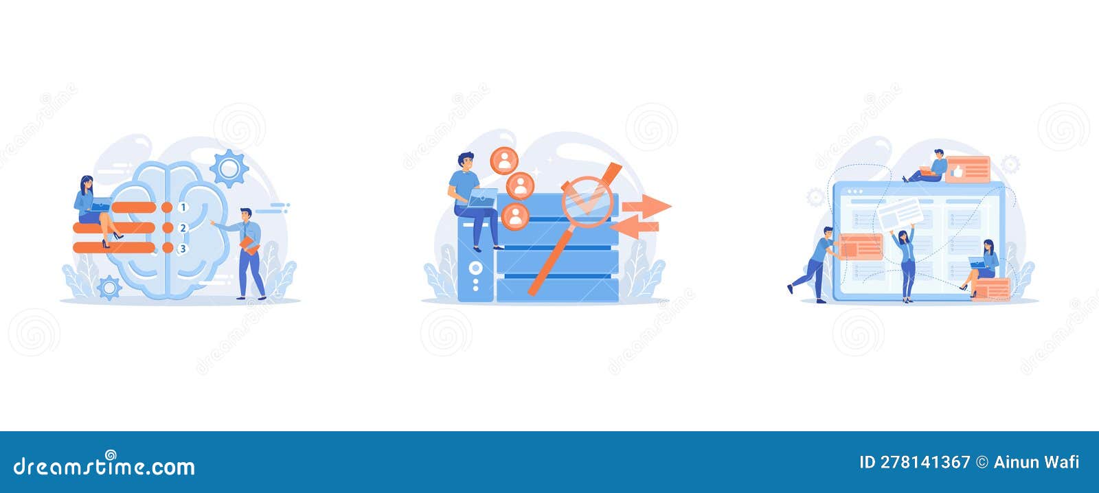 Brain with Tasks and Users with Laptops Planning, Developer Working ...