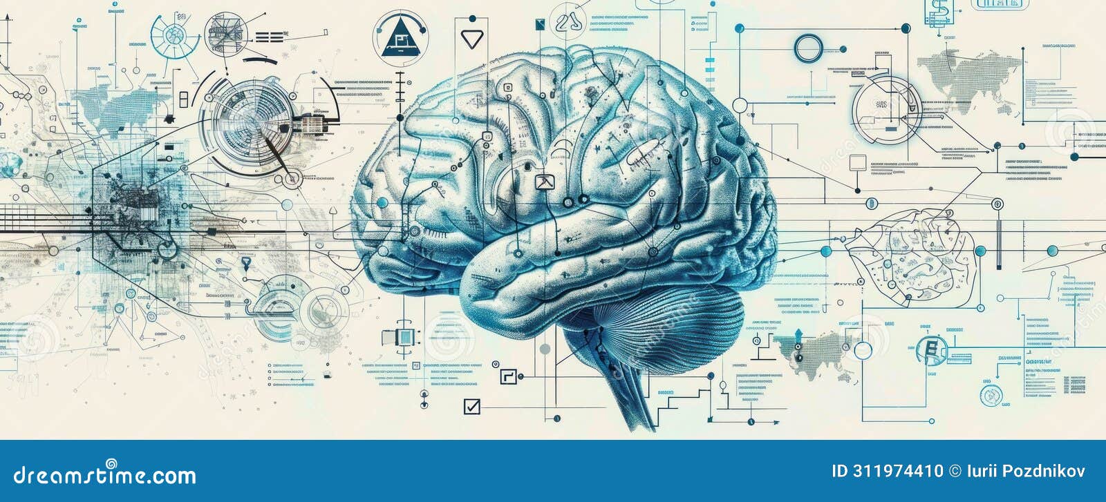 Brain Technology Map: Engineering Sketch with Symbols of Modern ...