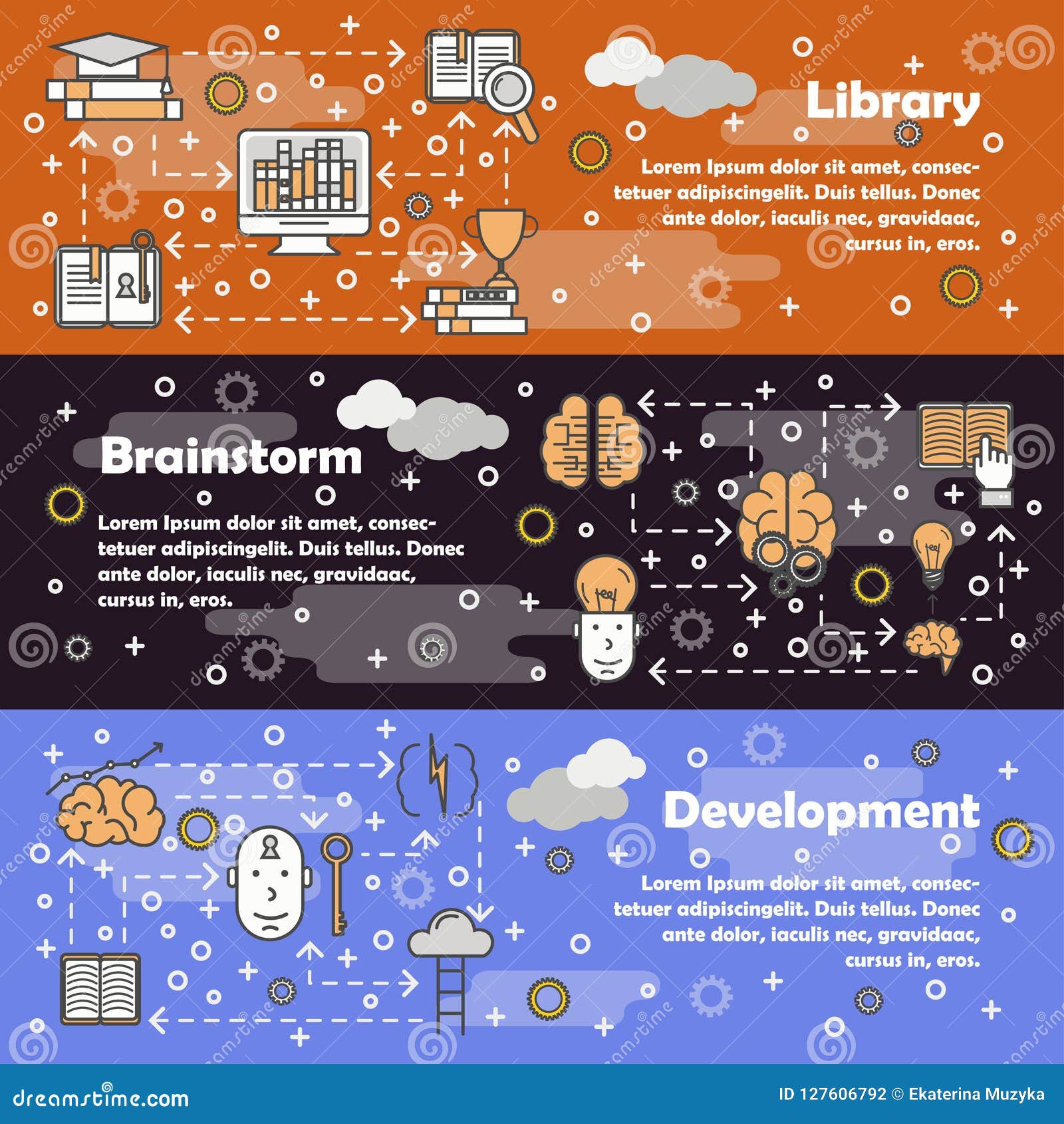 Vector Thin Line Art Brain Web Banner Template Set Stock Vector ...