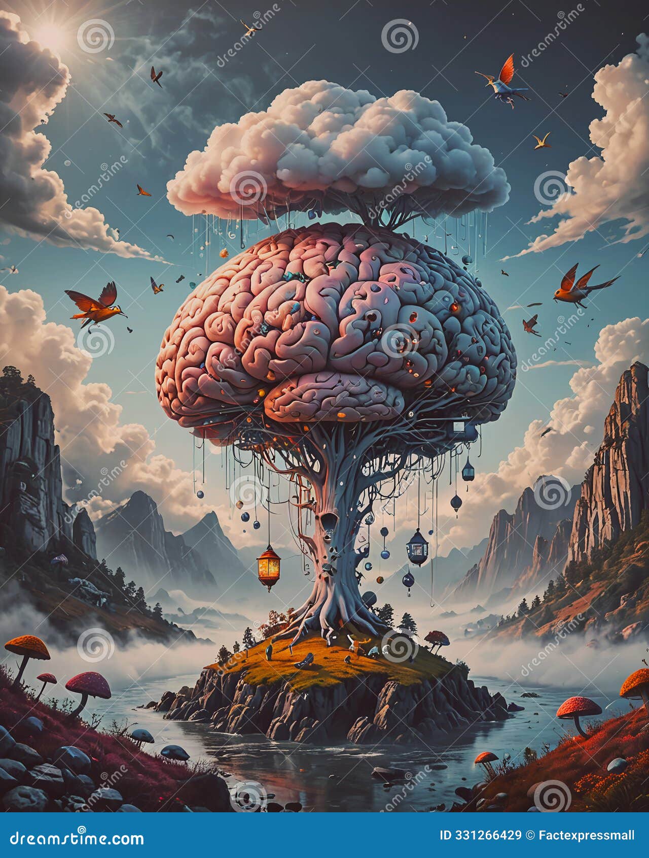 A Painting of a Brain with a Cloud in the Background Stock Illustration ...