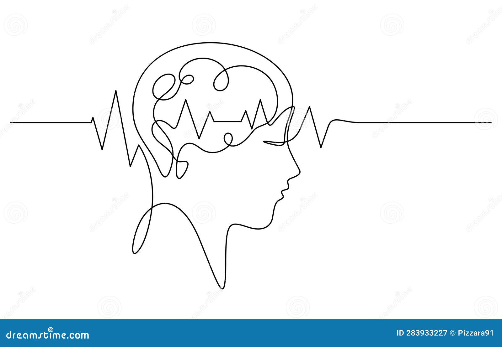 Brain Waves Pulse in Human Head Scan Continuous Line Drawing Stock ...