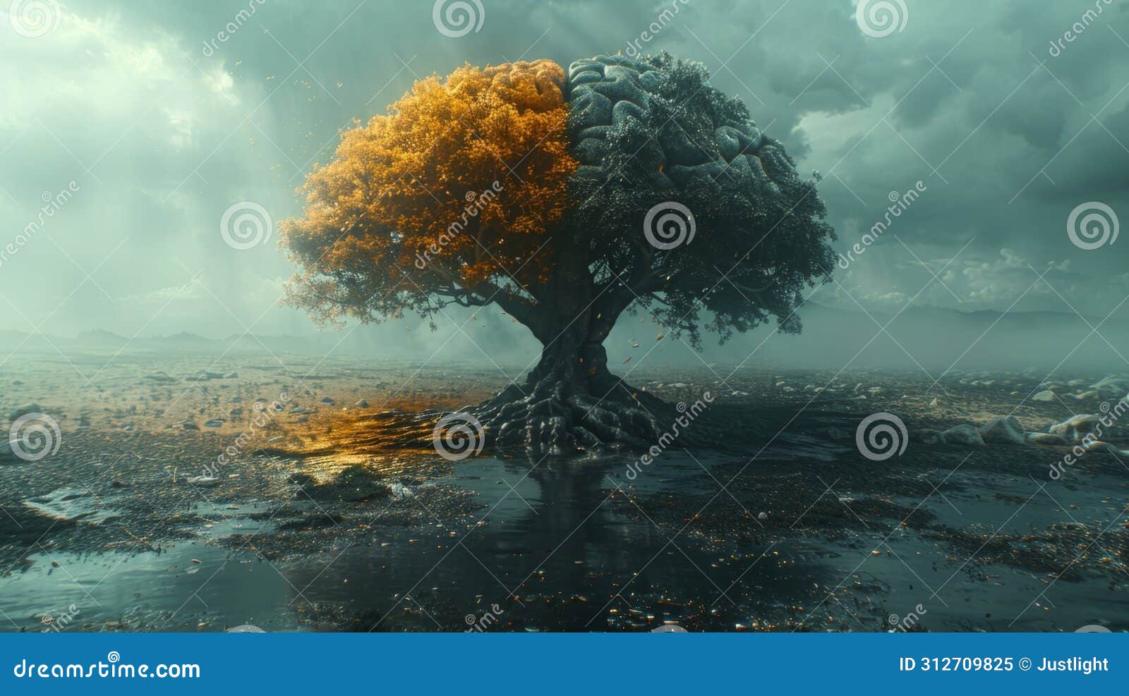 A Brainshaped Tree with One Half in Shadow and the Other Half in Light ...