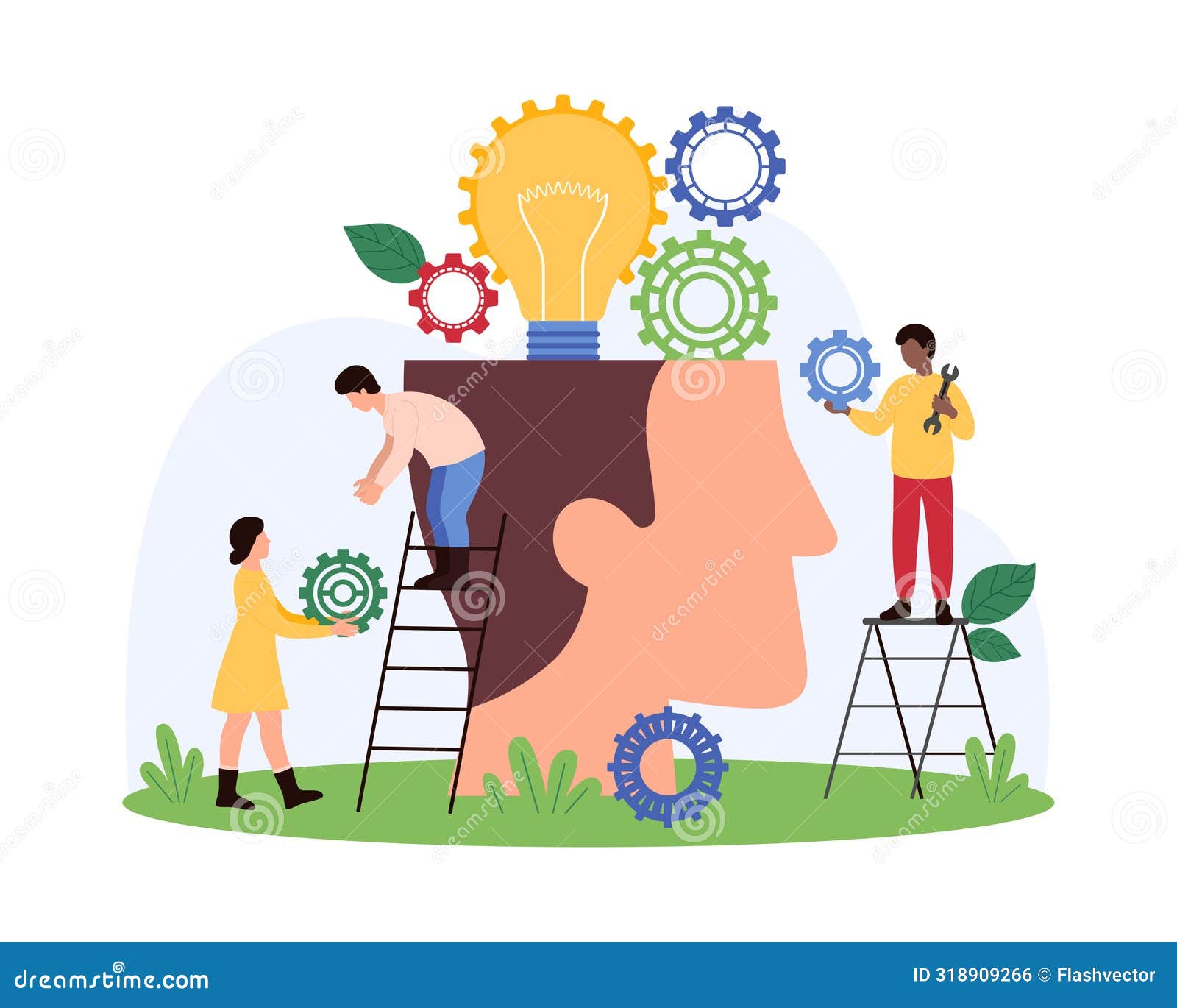 Brainstorm and Creative Thinking Process, Tiny People Work with Gears ...