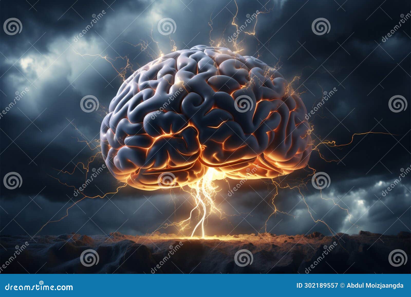 Brainstorm Depicted with Brain in Stormy Clouds and Lightning Stock ...