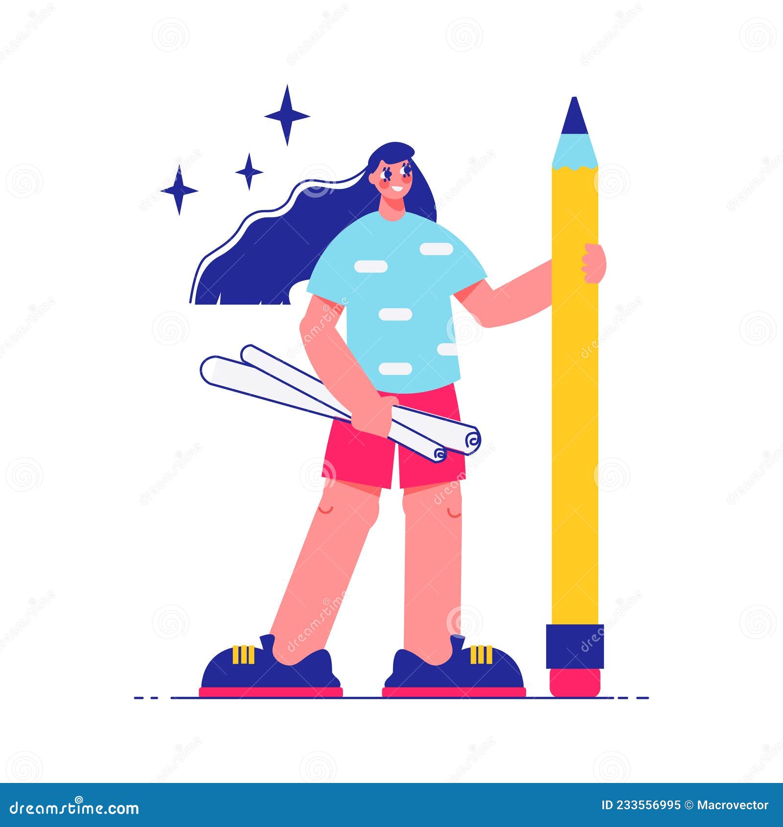 Rolled Drafts With A Pencil, A Ruler And Compasses. Vector Illus ...
