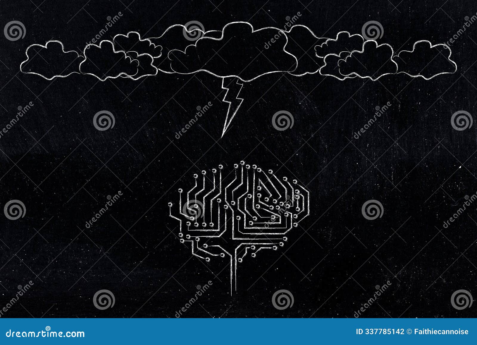 Brainstorming and Artificial Intelligence Capabilities Concept, Microchip Brain with Clouds and ...