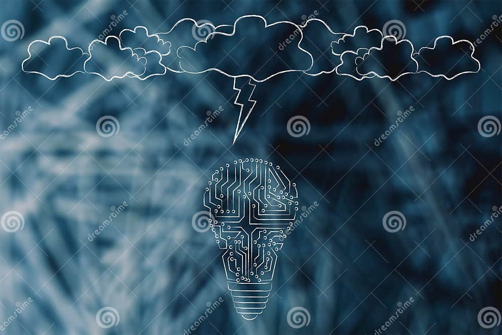 Brainstorming and Artificial Intelligence Capabilities Concept, Microchip Light Bulb with Clouds ...