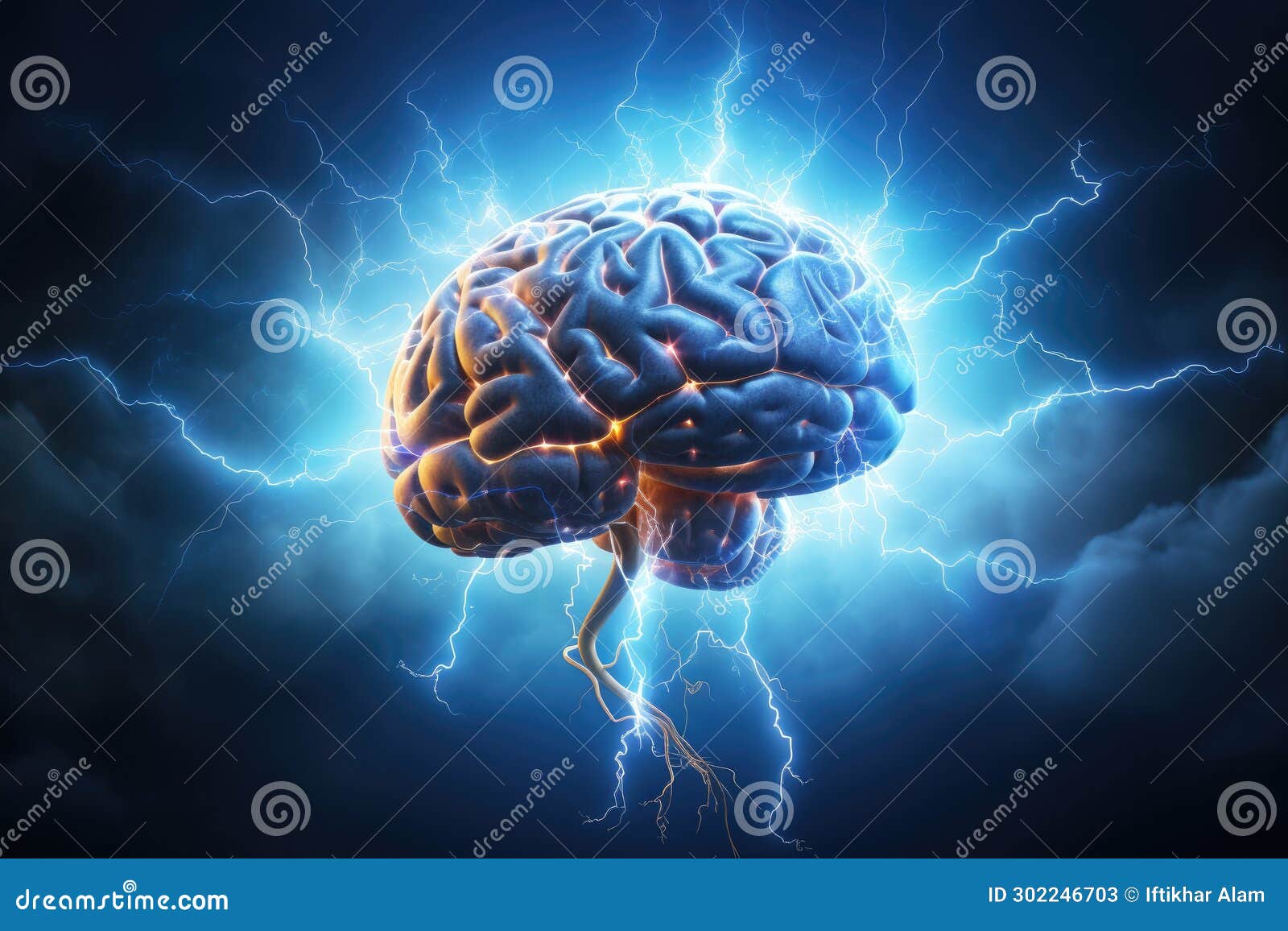 Brainstorming Concept. 3D Illustration of Human Brain with Thunder ...
