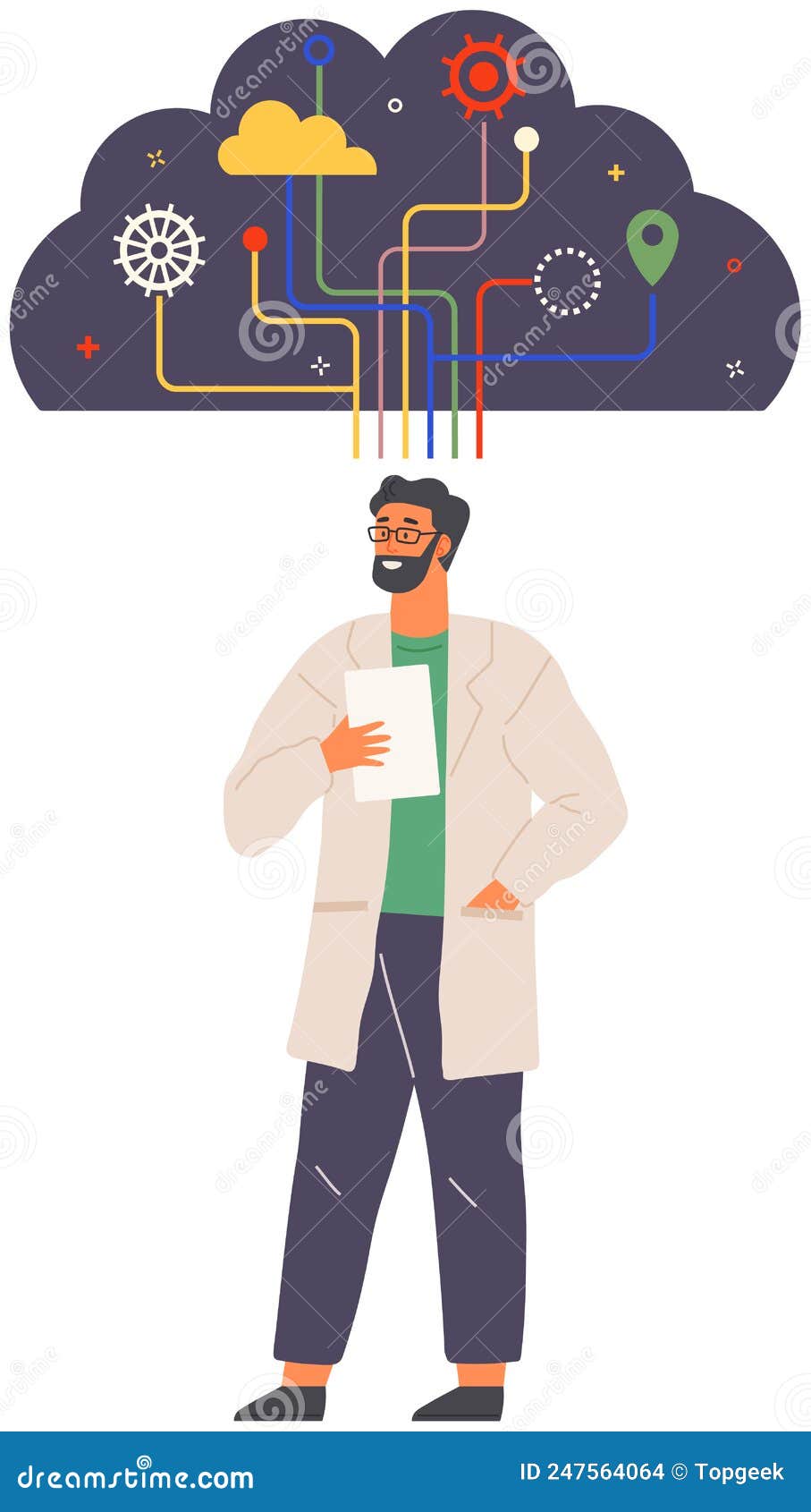 Brainstorming Man with Gear Brain Scheme in Cloud. Scientist with ...