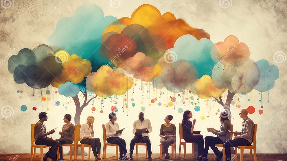 A Brainstorming Session with People Surrounded by Colorful Thought ...