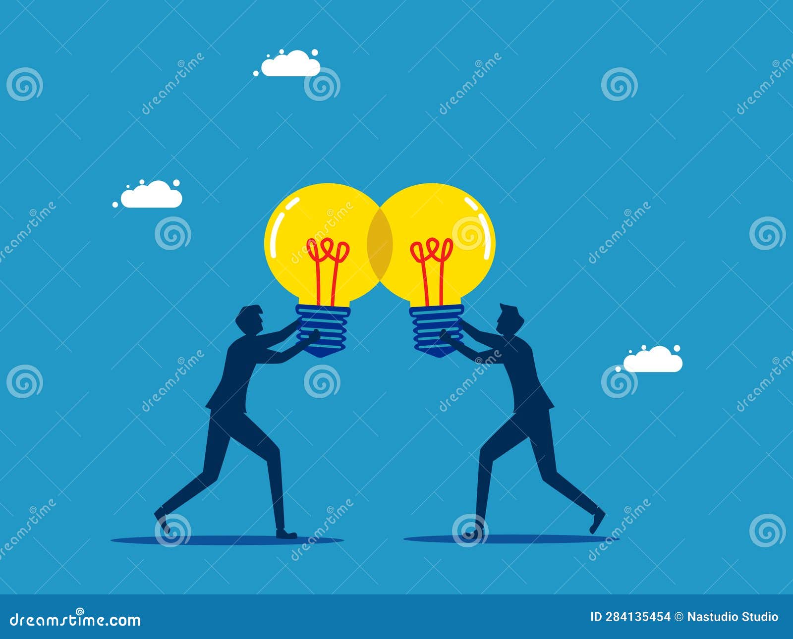 Brainstorming or Sharing Knowledge. Business People Sharing Light Bulbs ...