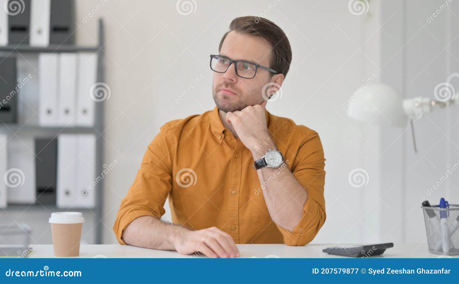 Brainstorming Young Man Thinking in Office Stock Image - Image of male ...