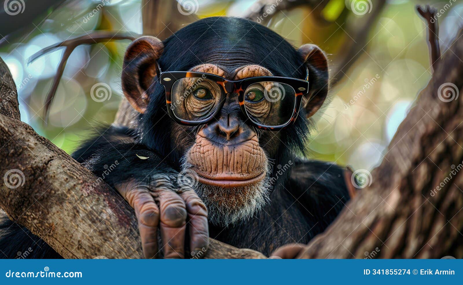 Brainy Chimpanzee Wearing Glasses in a Tree Stock Illustration ...