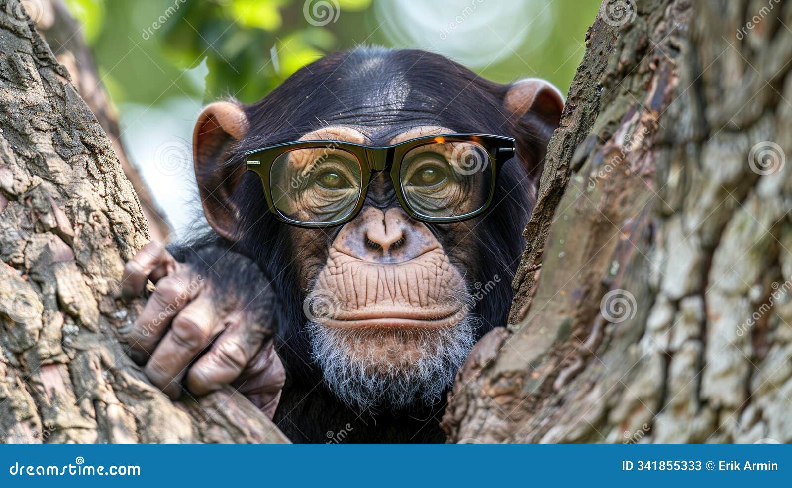 Brainy Chimpanzee Wearing Glasses in a Tree Stock Illustration ...