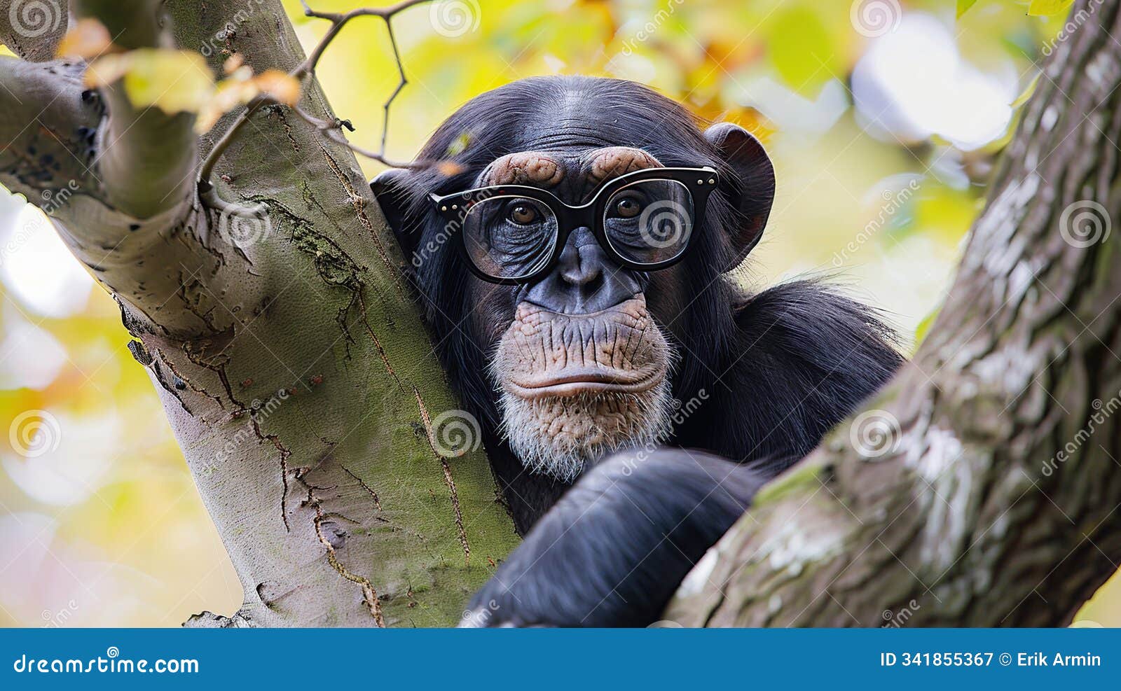 Brainy Chimpanzee Wearing Glasses in a Tree Stock Illustration ...