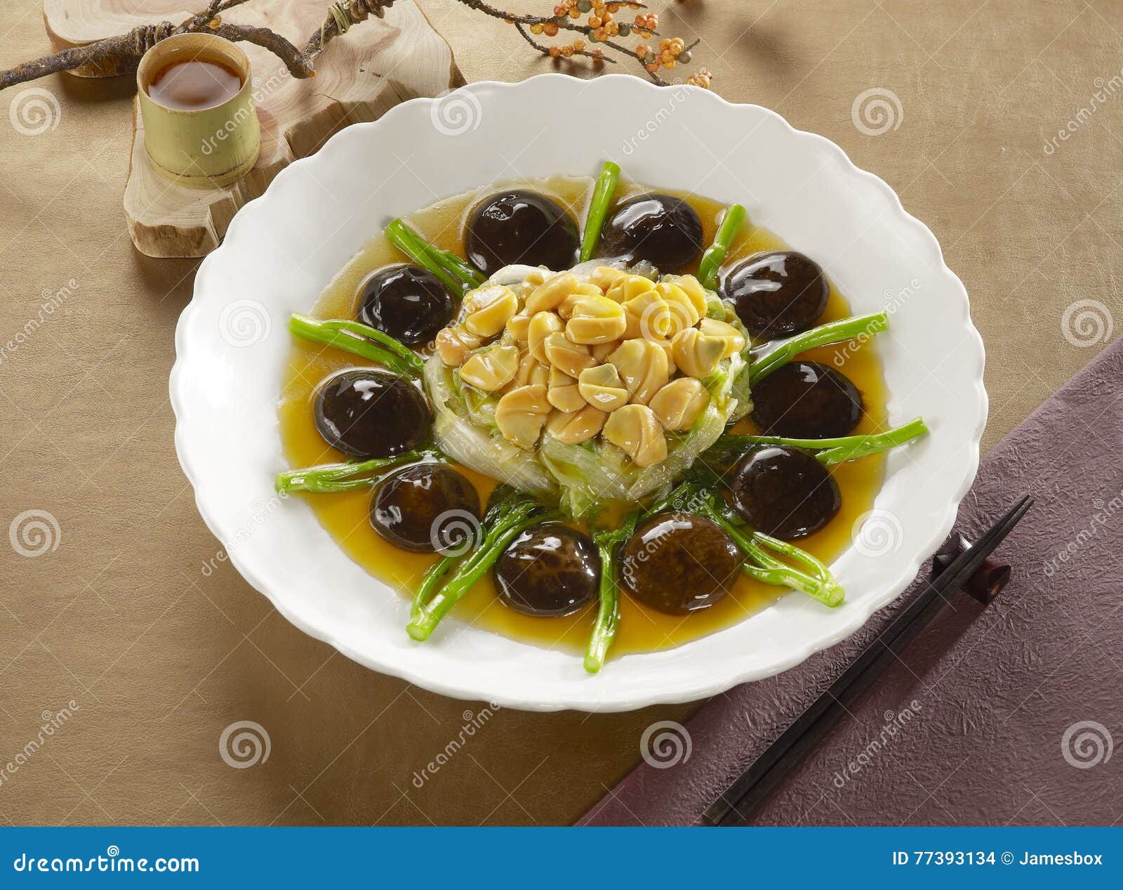 Braised Abalone with Mushroom on White Plate in Restaurant Stock Photo ...