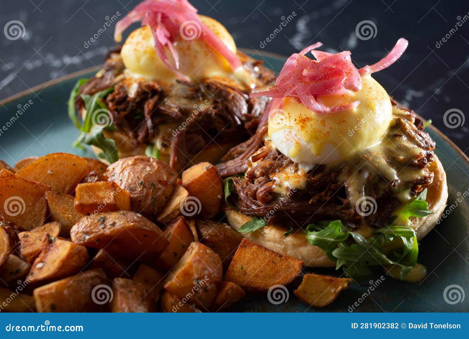 Braised Beef Eggs Benedict Plate Stock Photo - Image of muffin, shelf ...