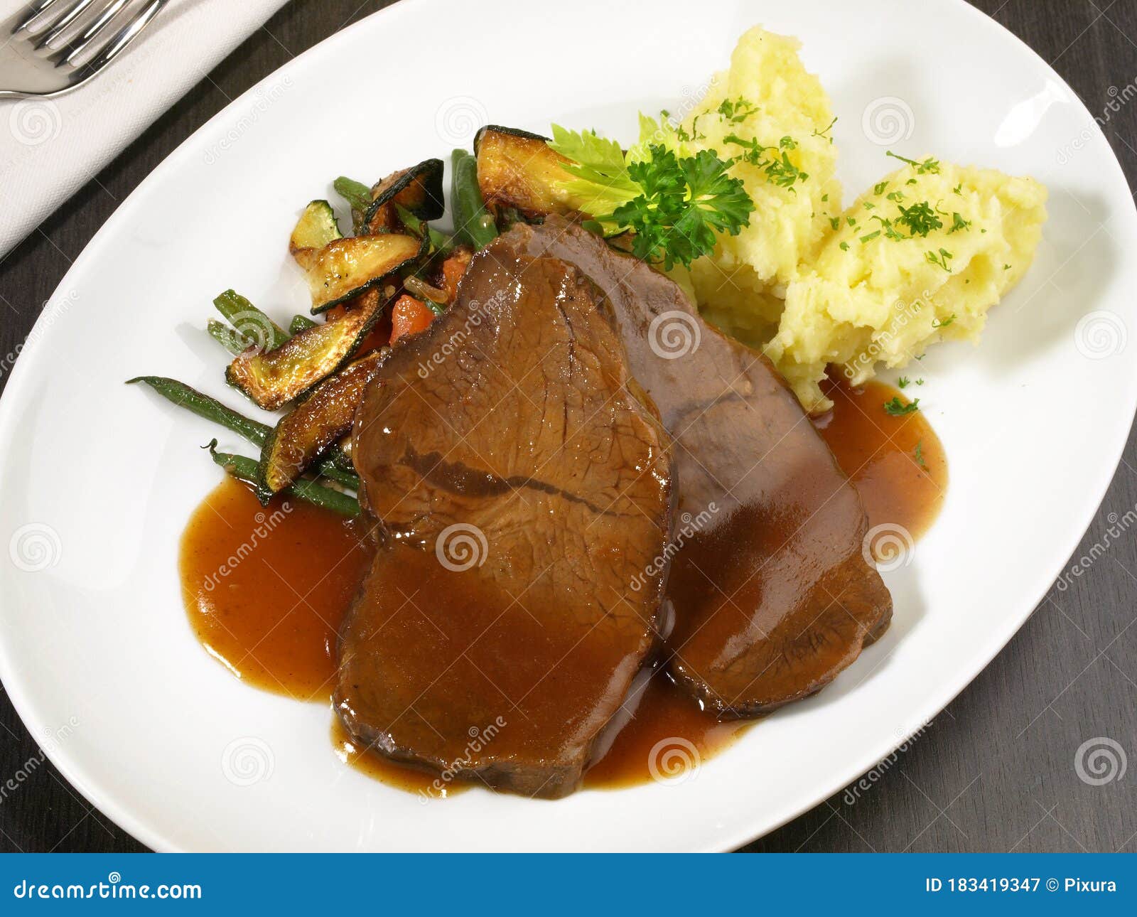Fine Meat - Braised Beef Roast with Vegetables and Mashed Potatos Stock ...