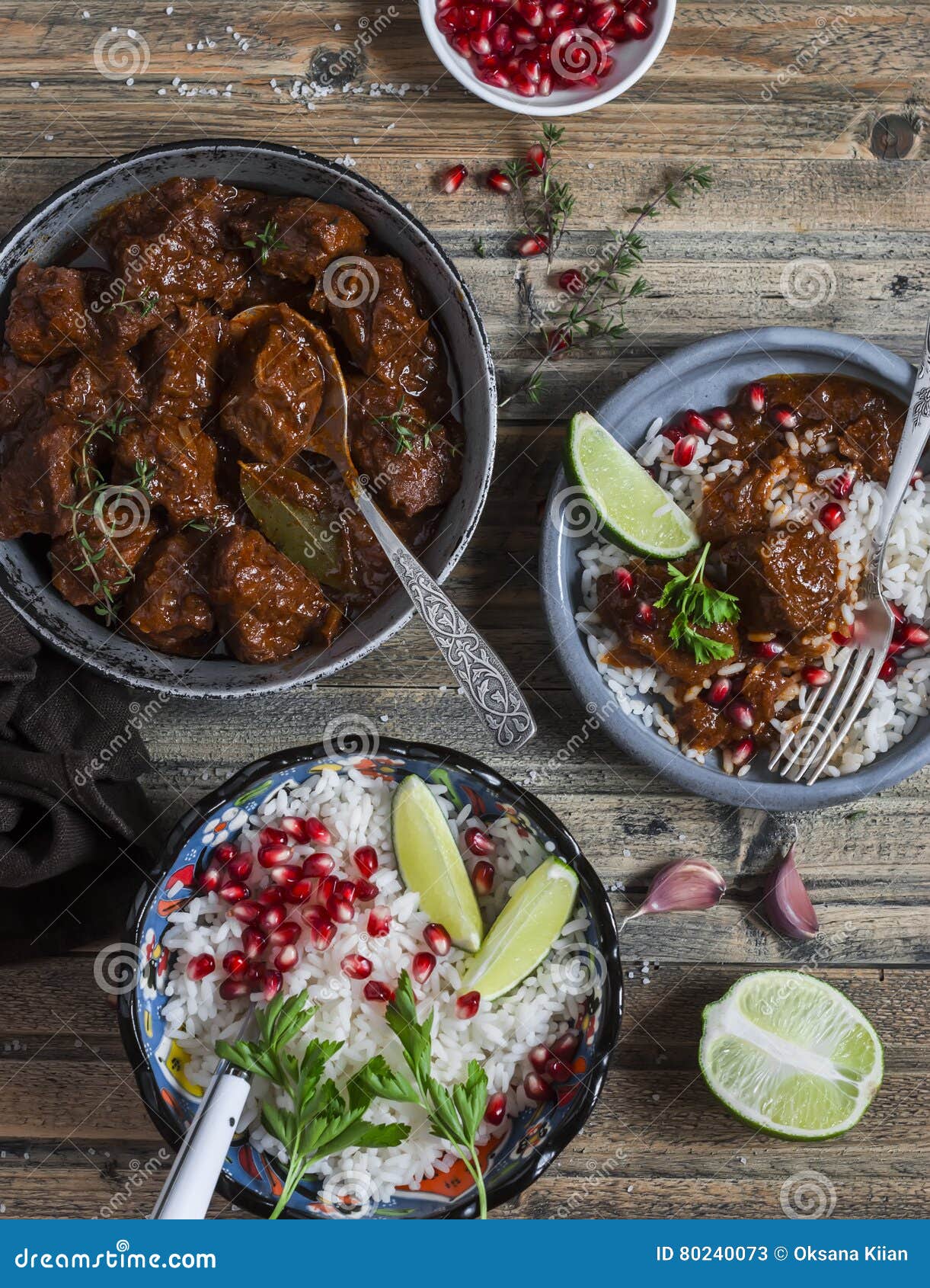 Braised Beef Stew and Rice on a Wooden Rustic Table. Stock Image ...