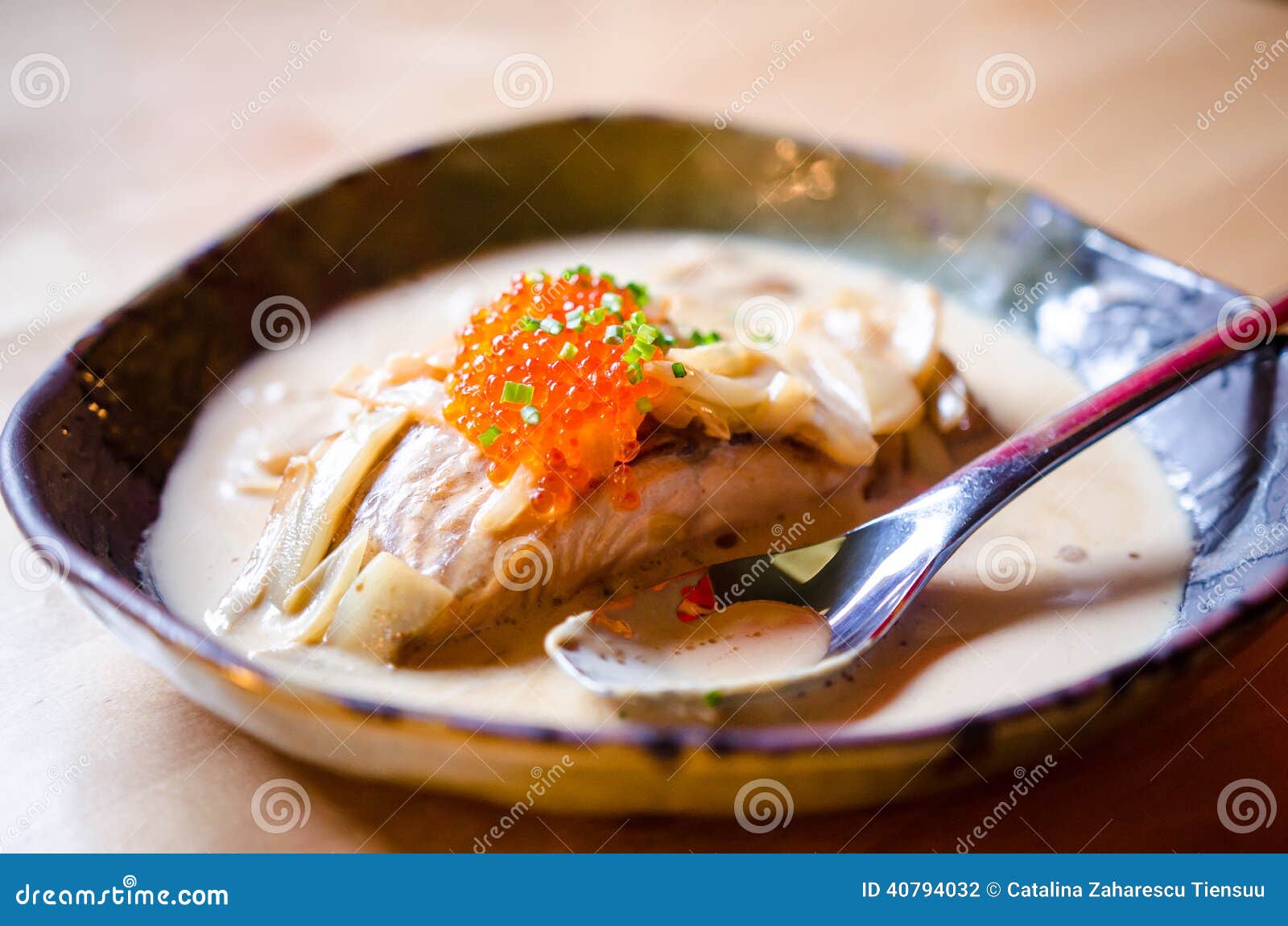 Braised Salmon with Sake and Cream Sauce Stock Photo - Image of fish ...