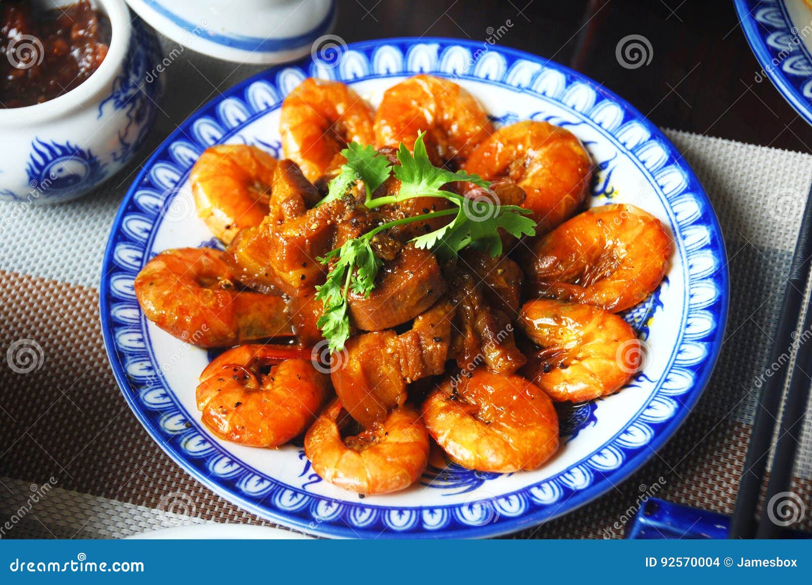 Braised Shrimp with Pork on White Platter Stock Photo - Image of meal ...