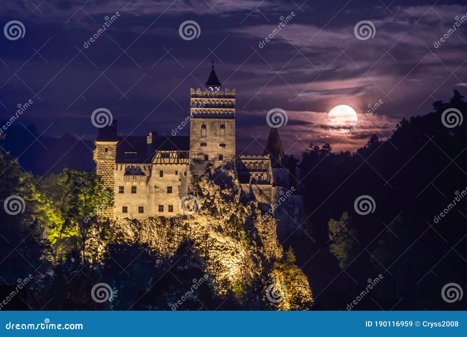 Bran Castle at Night and Full Moon Stock Image - Image of effect, trees ...