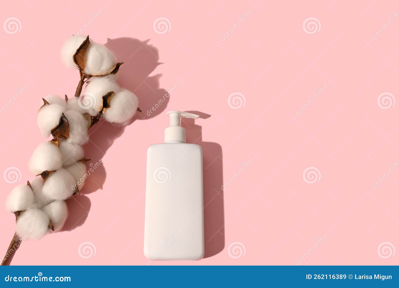 Cotton Branch and White Dispenser for Body Hygiene on a Pink Background ...