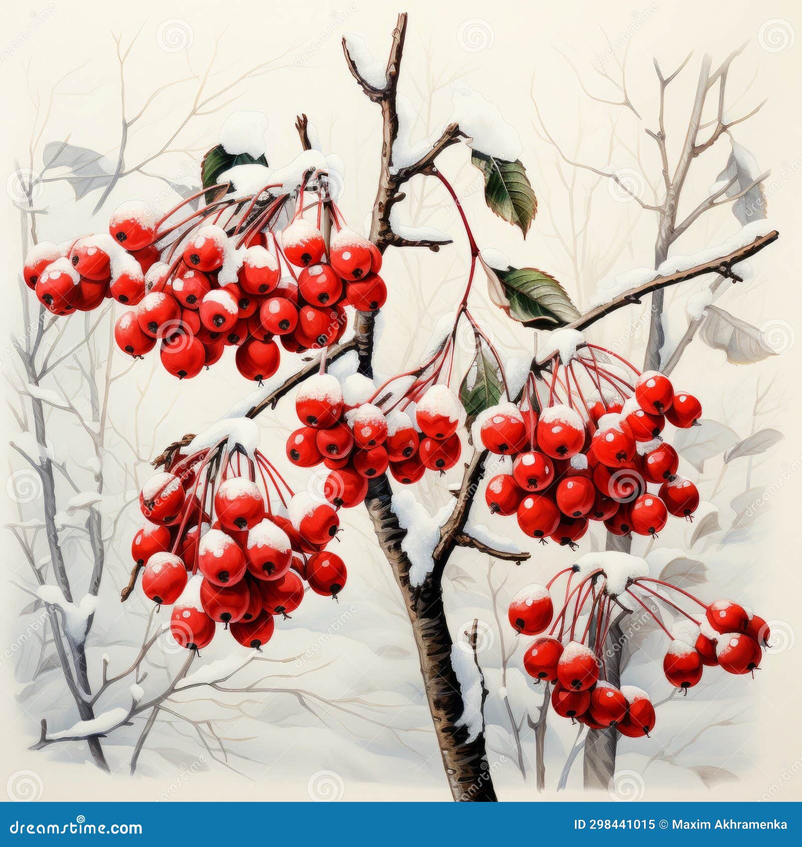 A Branch of Mountain Ash in the Snow. Digital Art Stock Illustration ...