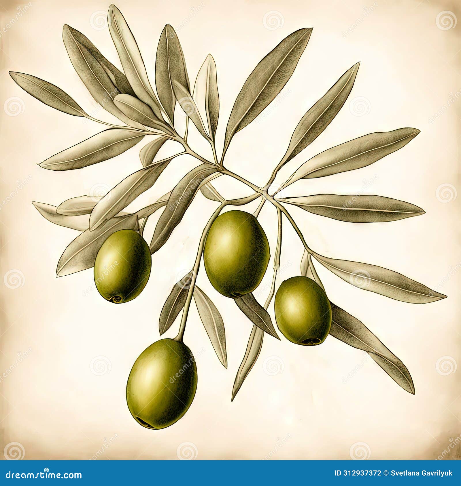 A Branch of an Olive Tree with Green Olives in the Style of an Ancient Botanical Illustration ...