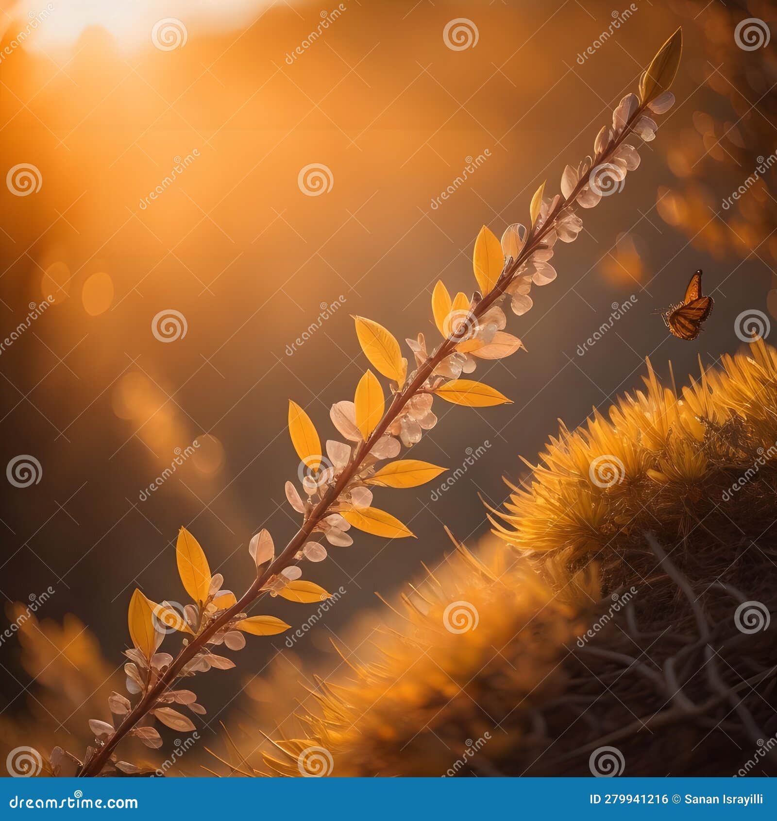 Branch of a Plant with Leaves in the Rays of the Setting Sun ...