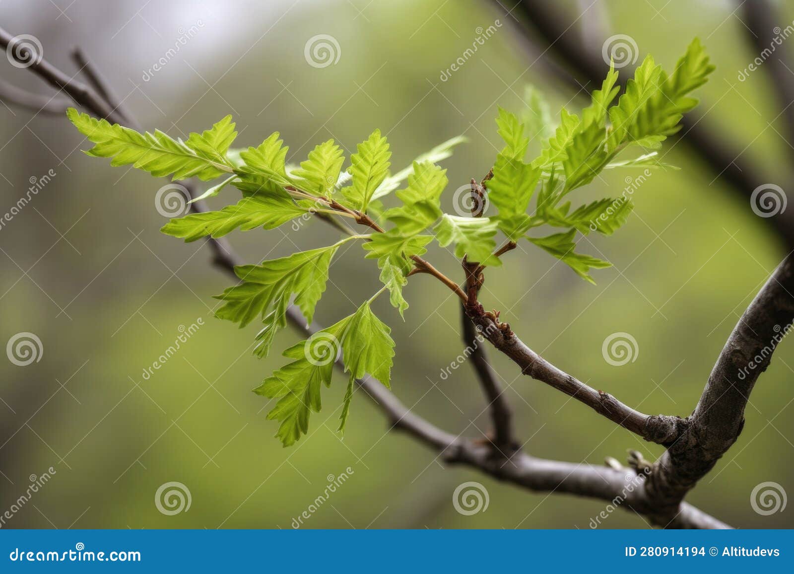 Branch of Sprouting Tree, with Delicate Leaves Unfurled in the Breeze ...