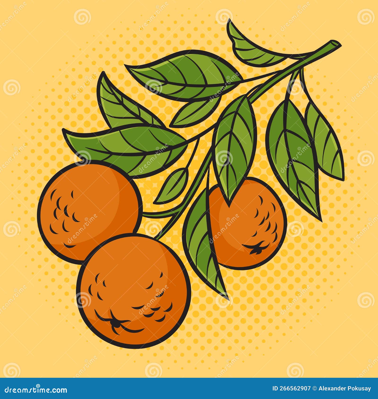 Branch With Tangerines Pop Art Raster Illustration Stock Illustration