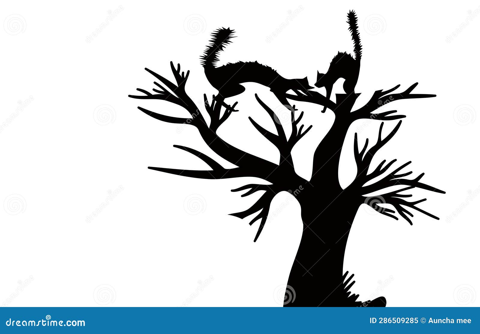 Branch of Tree and Cheerful Cats Flitting about Her on White Background ...