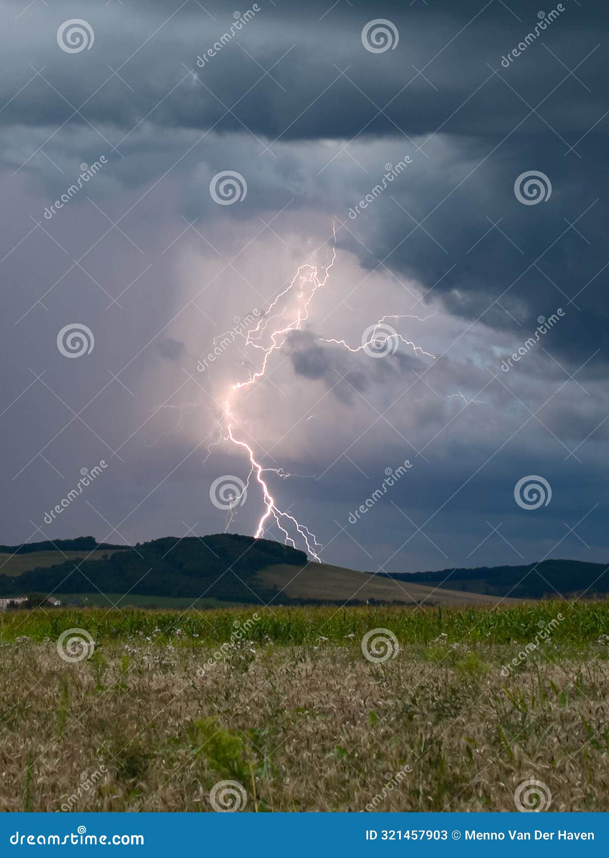 Branched Lightning Strikes Earth. Stock Image - Image of thunder, hill ...