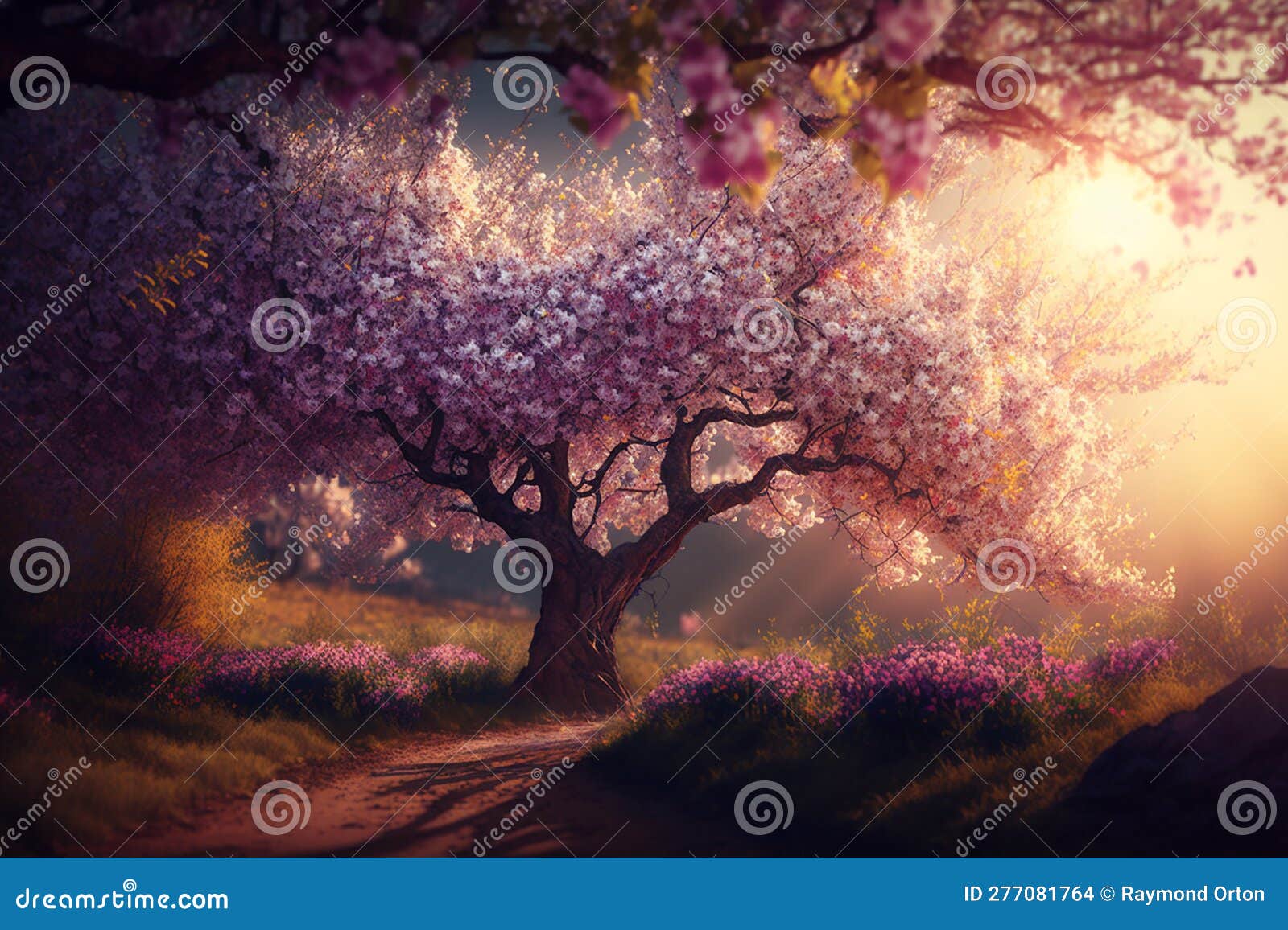 Branches of Blossoming Cherry with Soft Focus, Selective Focus on Warm ...