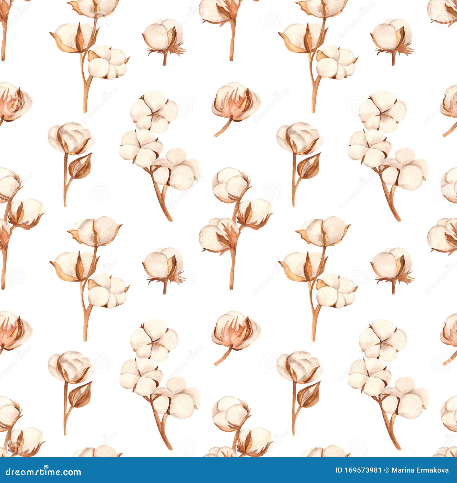 Watercolor Seamless Pattern with Branches, Buds and Cotton Flowers on a ...
