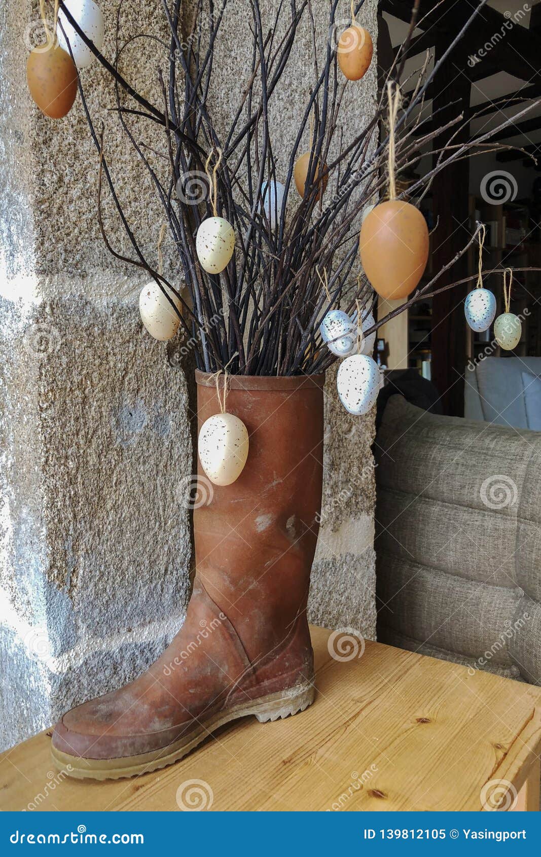 Branches with Decorative Eggs in a Rubber Boot Stock Image - Image of ...