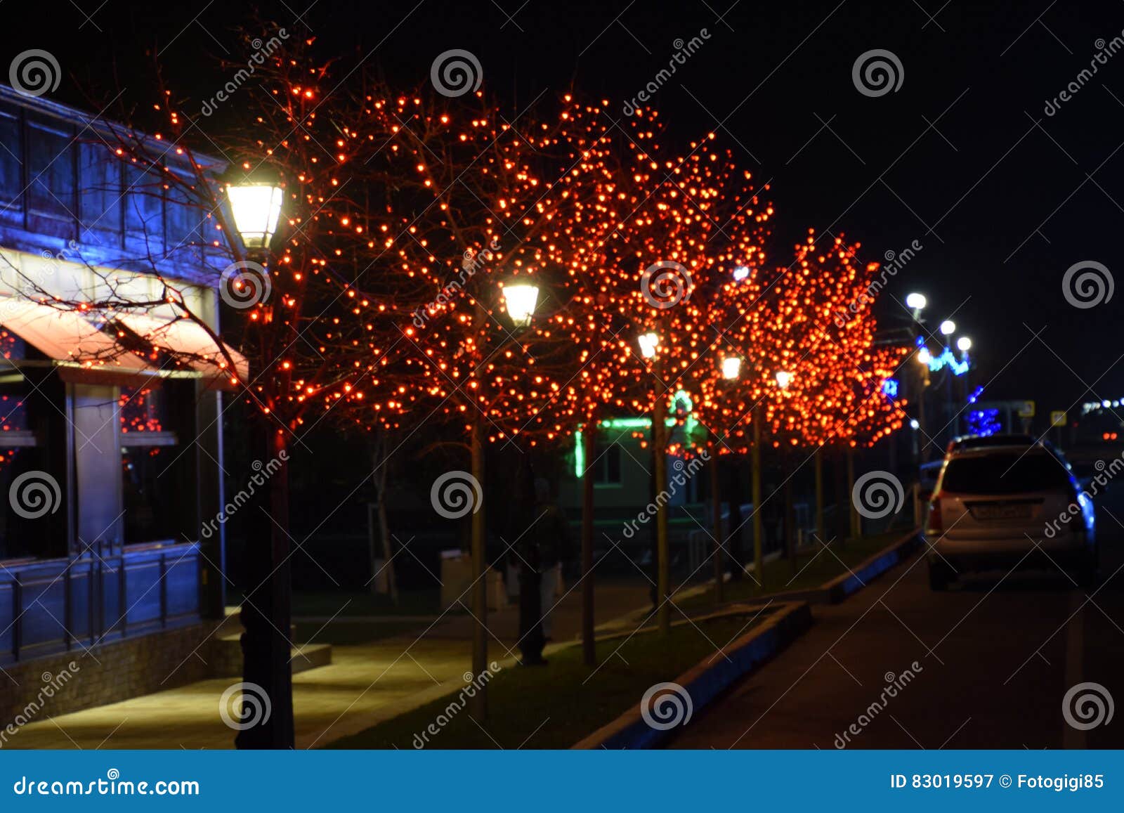 The Branches of Street Trees, Adorned with Red Lights Stock Image ...