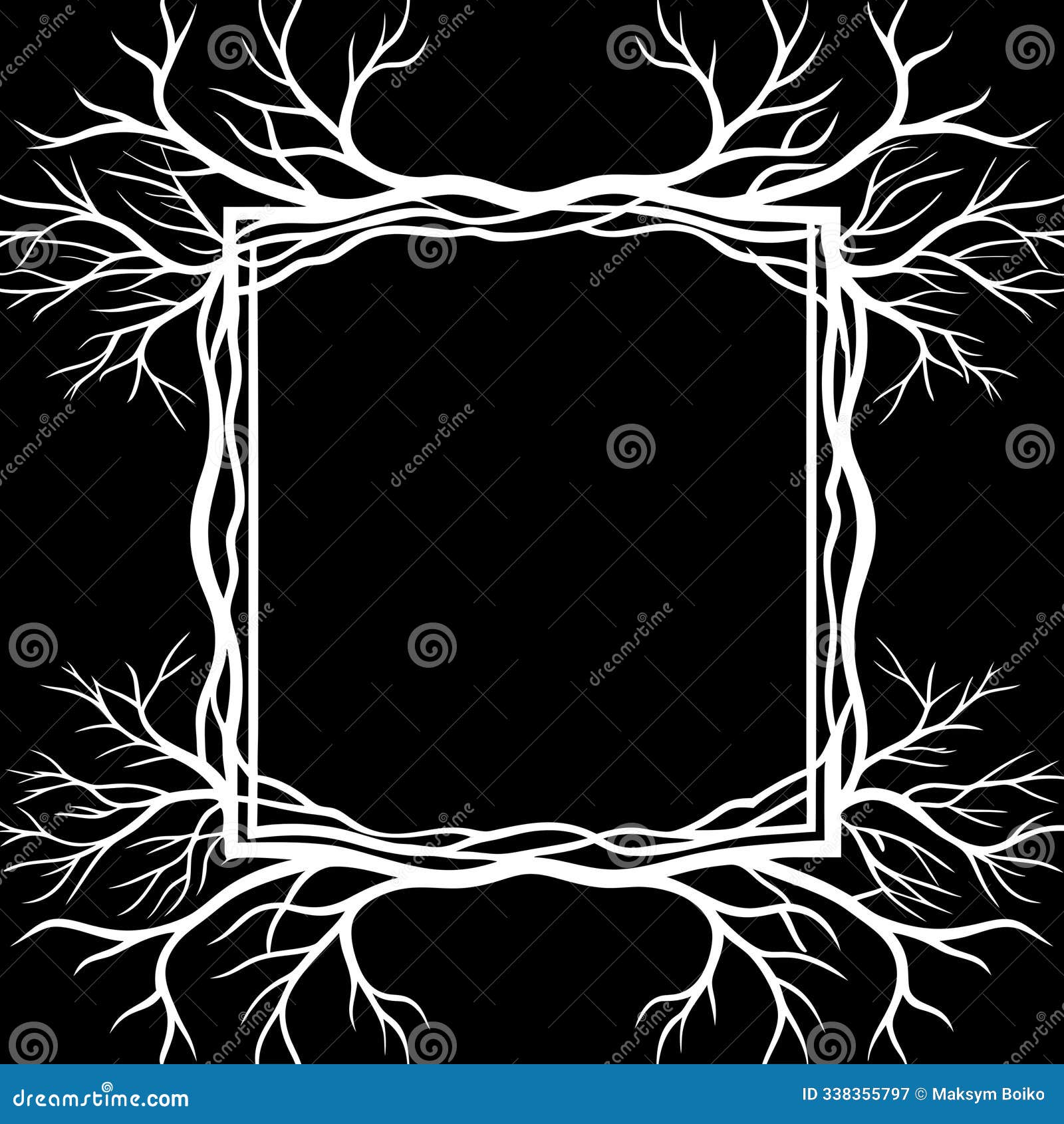 Branches of Tree Roots Frame an Empty Frame. Black Background Stock ...