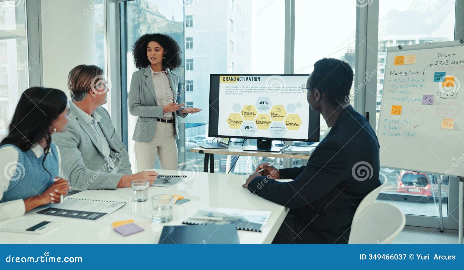 Brand Activation, Computer Screen and Presentation with Business People ...