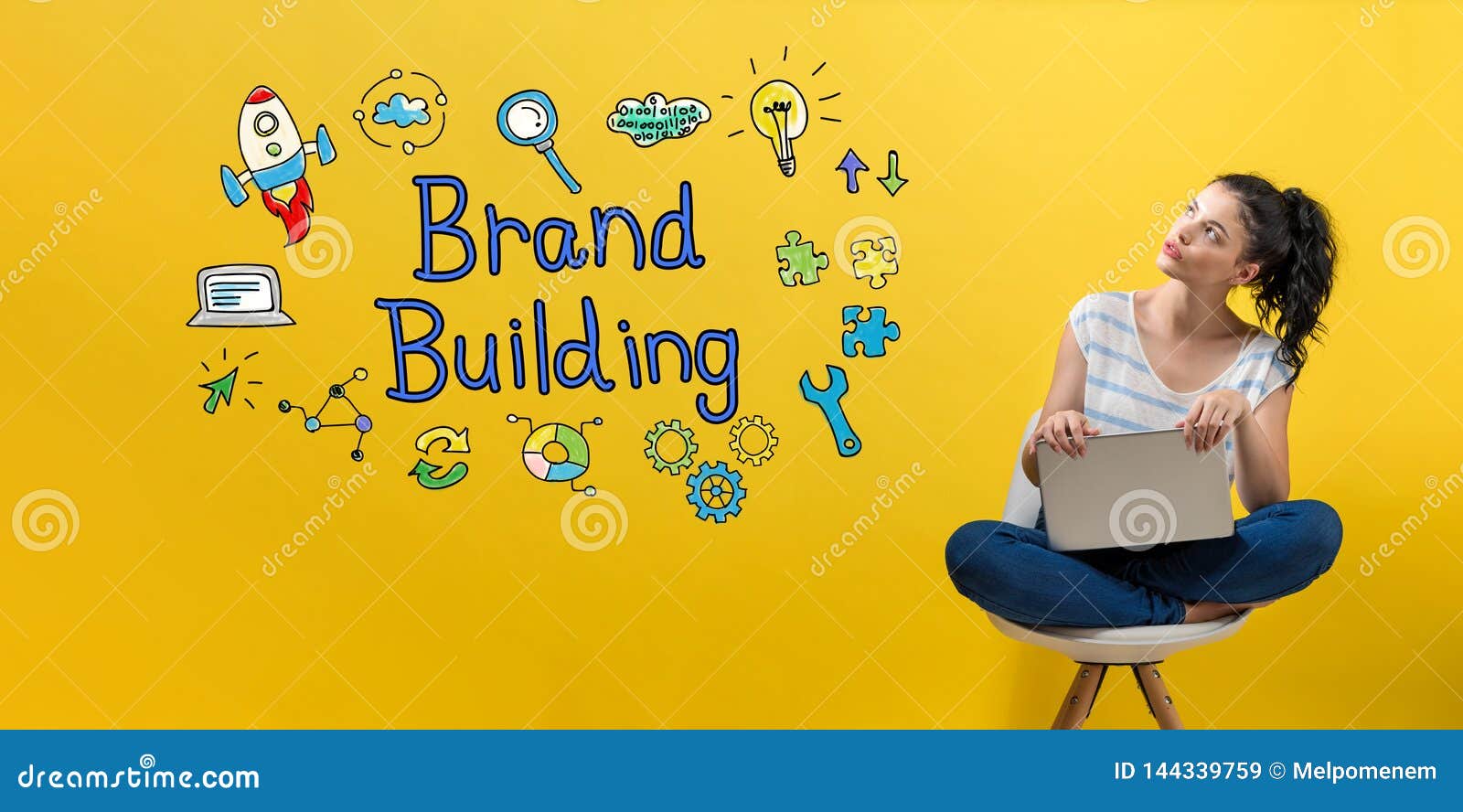 Brand Building with Woman Using a Laptop Stock Illustration ...