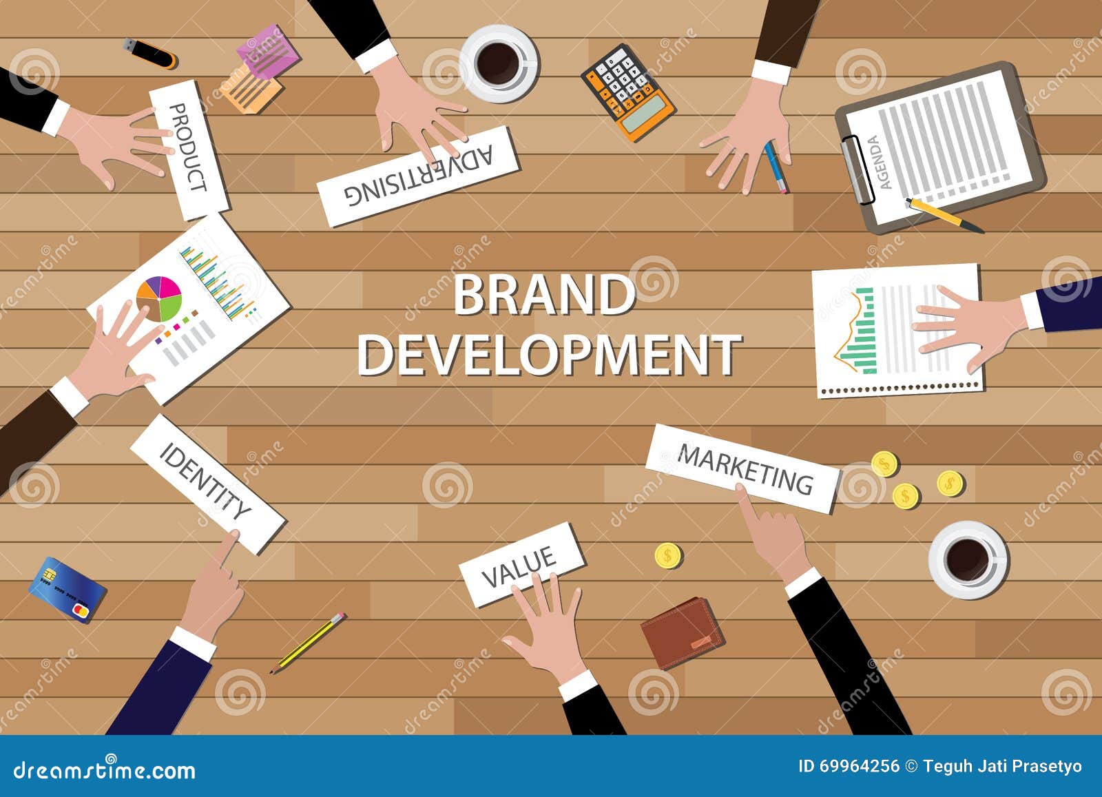 Brand Development Illustration Team Work Together on Wood Table Stock ...