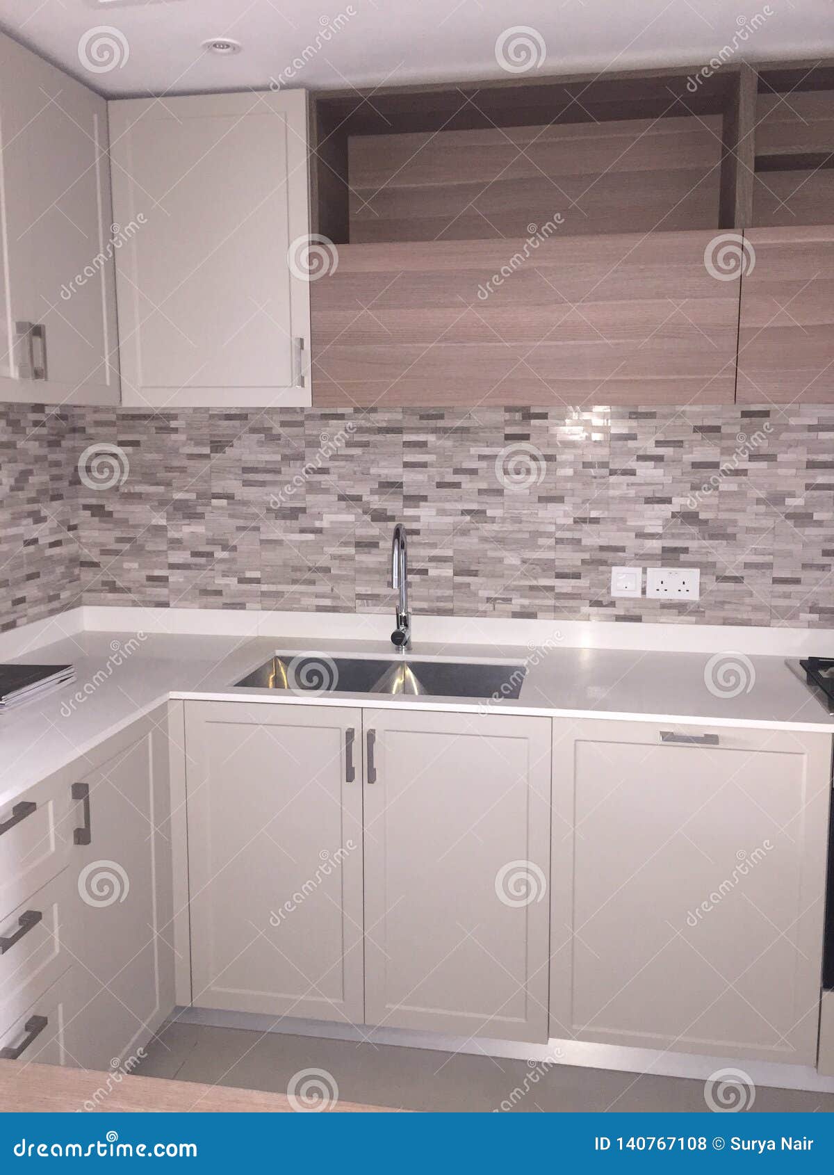 Brand New White Kitchen Counter with Sink . View of Cabinets and ...
