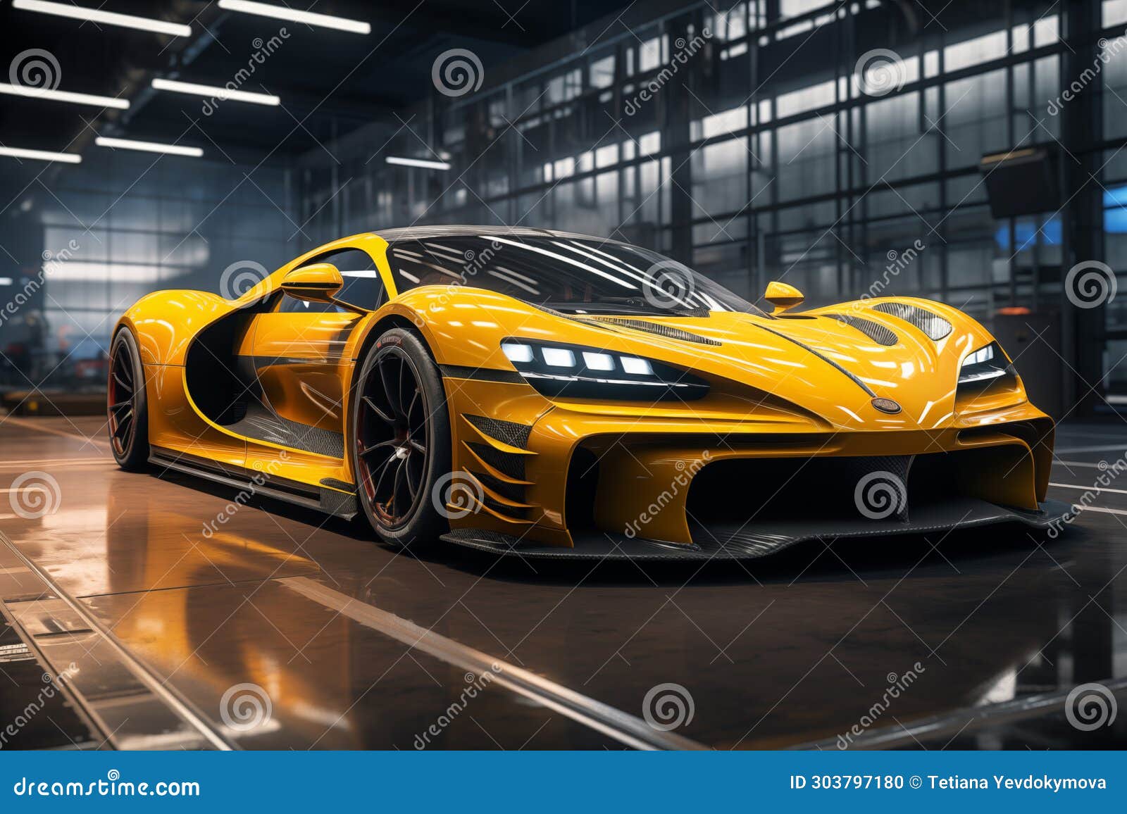 Brand-less Yellow Generic Concept Car in a Warehouse. Hyper Realistic ...